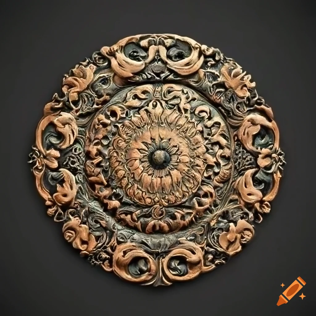 A vintage bronze medallion with intricate engravings of floral patterns