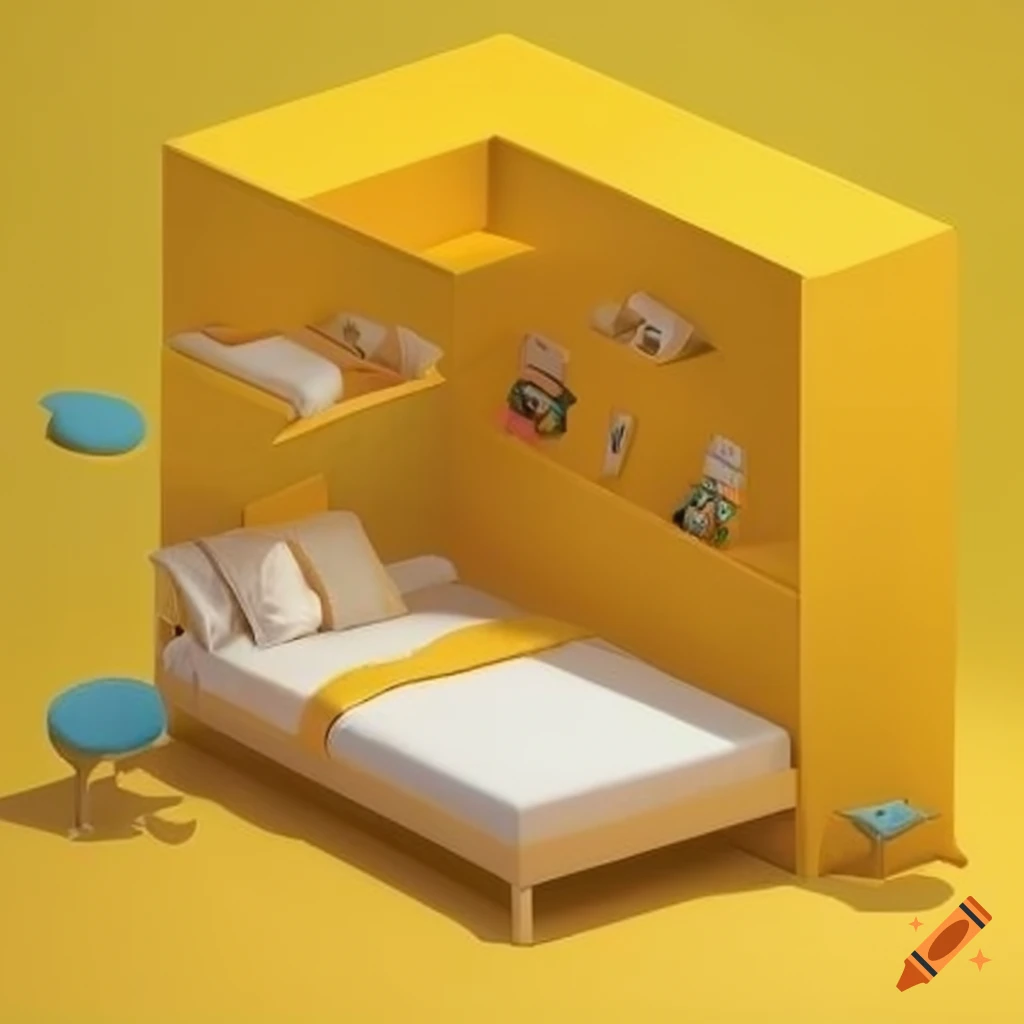 Soft cozy all-yellow isometric cube bedroom with bunk bed and french ...