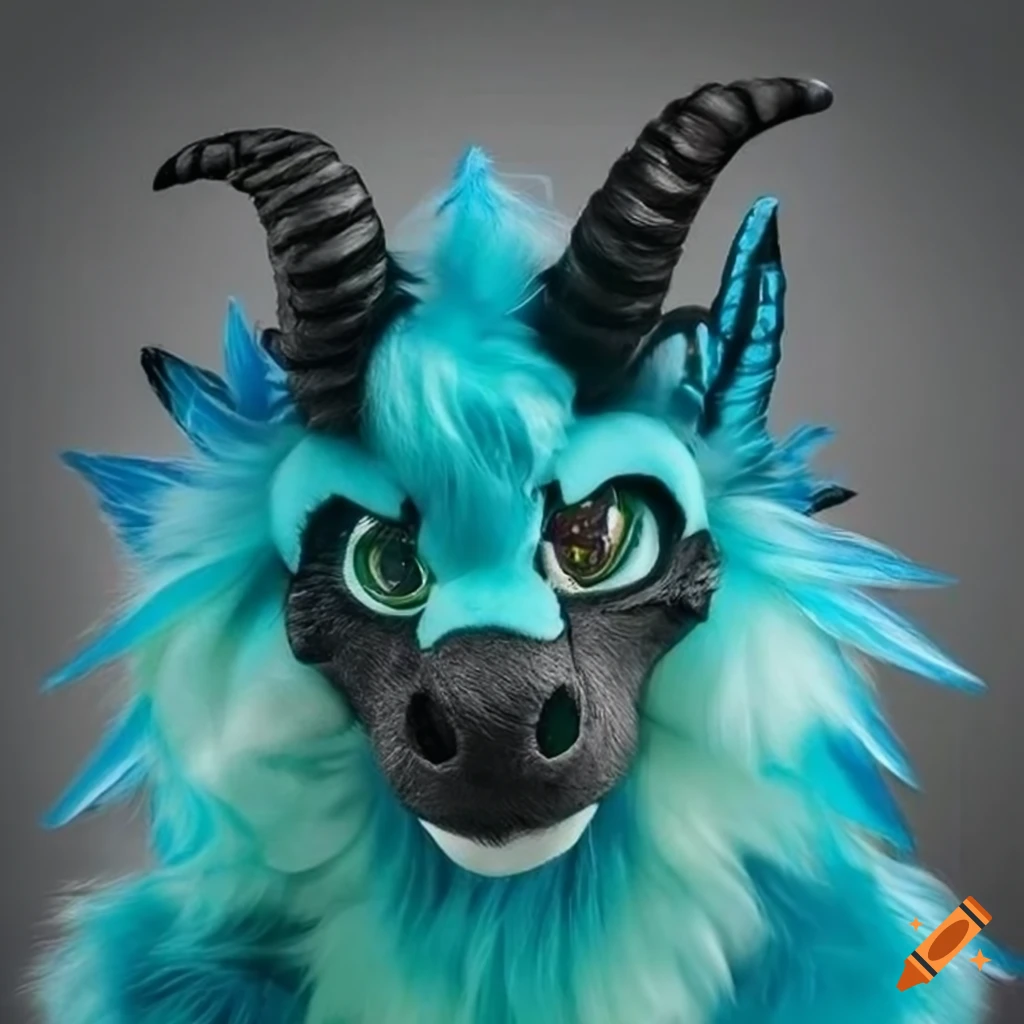 Cyan dragon fursuit head with black horns and blue spikes on Craiyon