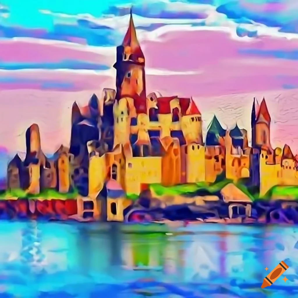 Colorful medieval castle city next to lake