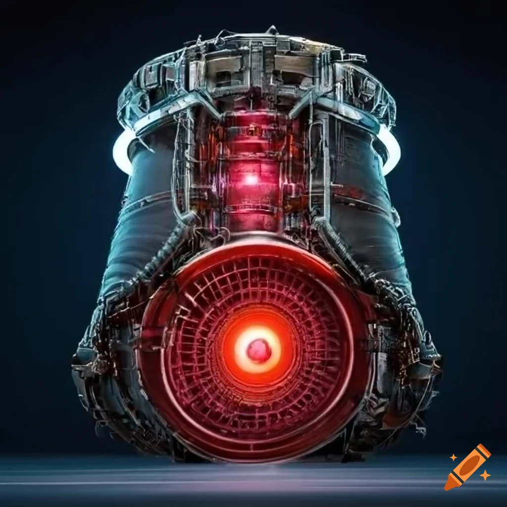 A spaceship engine, with a red fussion reactor, high detail on Craiyon