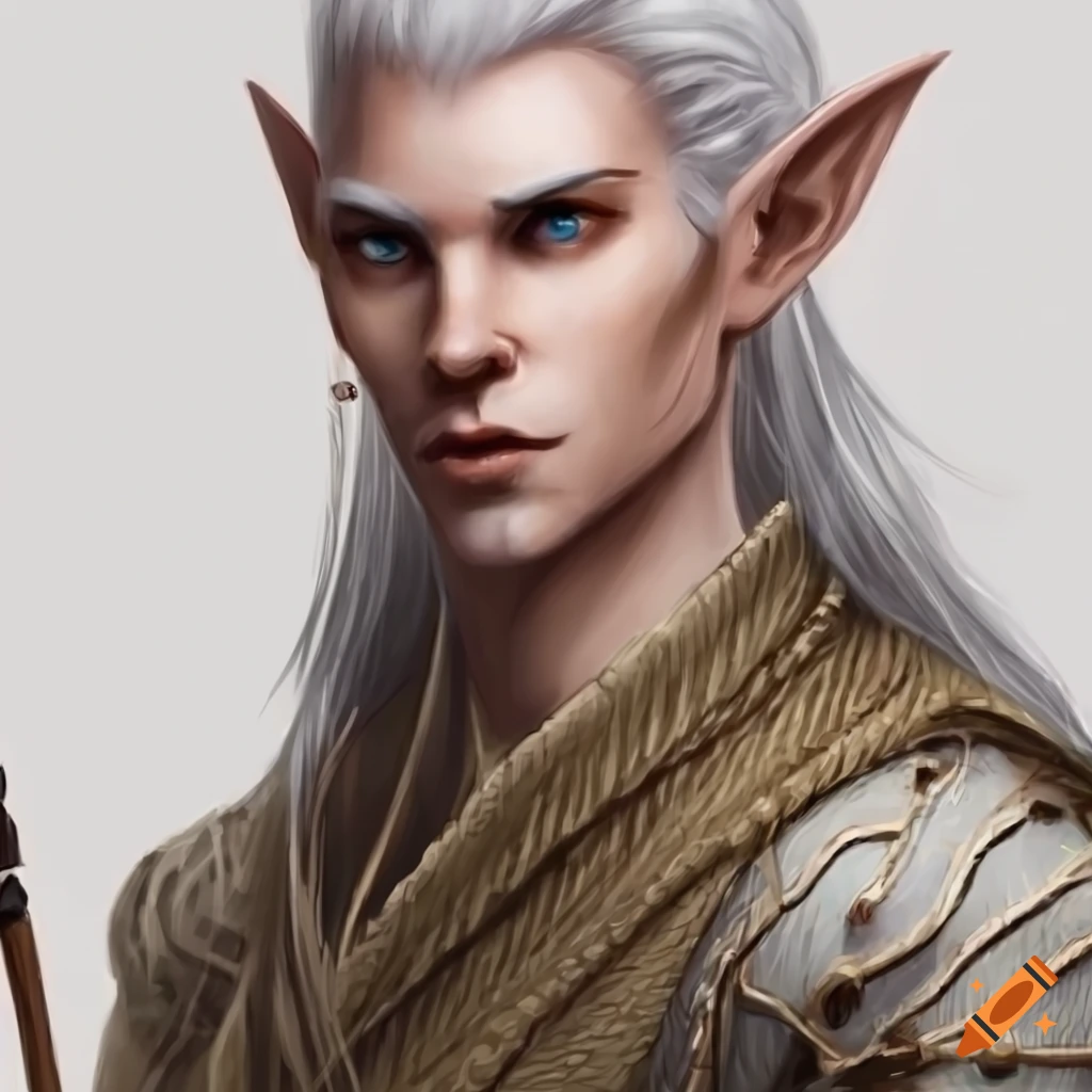 A slender male elf with shoulder-length silver hair with intricate ...