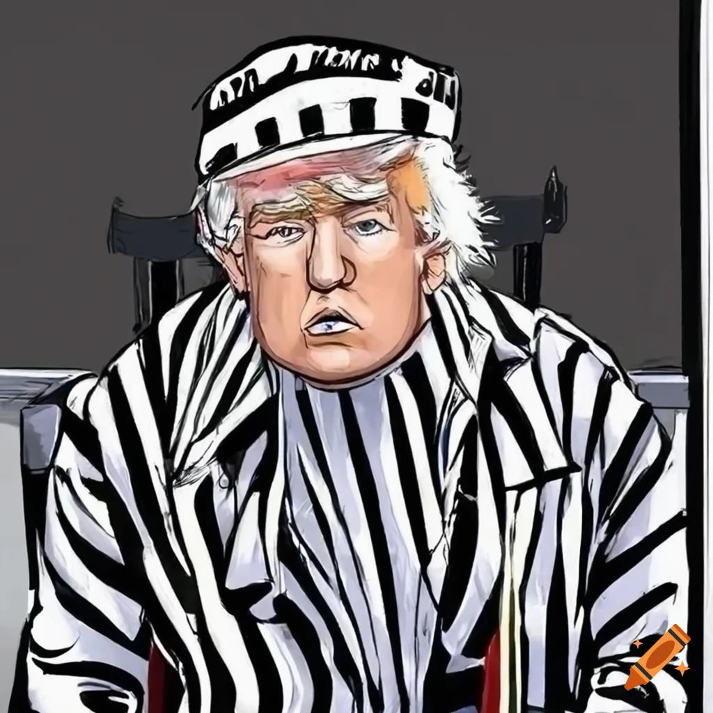 Cartoon Donald trump dressed in striped prison clothes on Craiyon