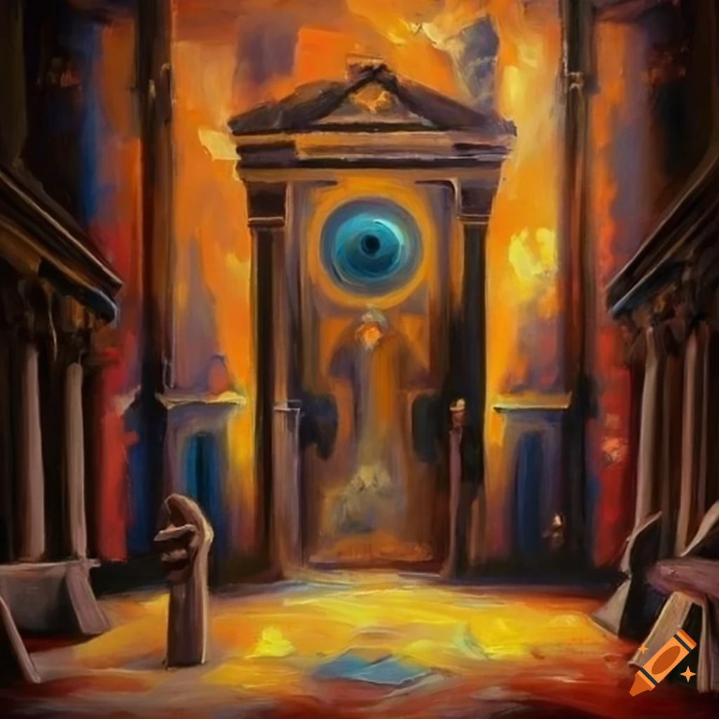 Abstract detailed masonic scene from a space temple in an oil painting ...