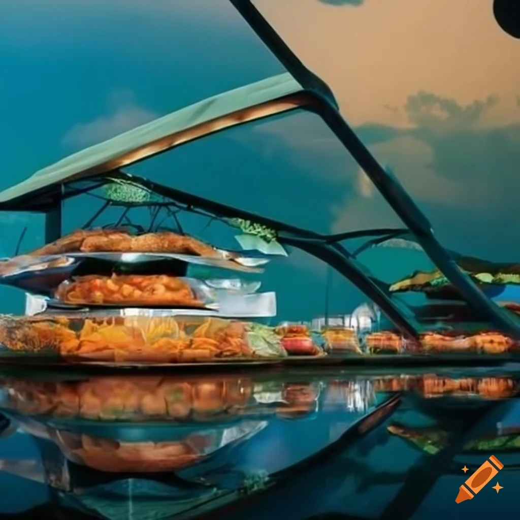 Futuristic floating platform with colored glass food stall and ...