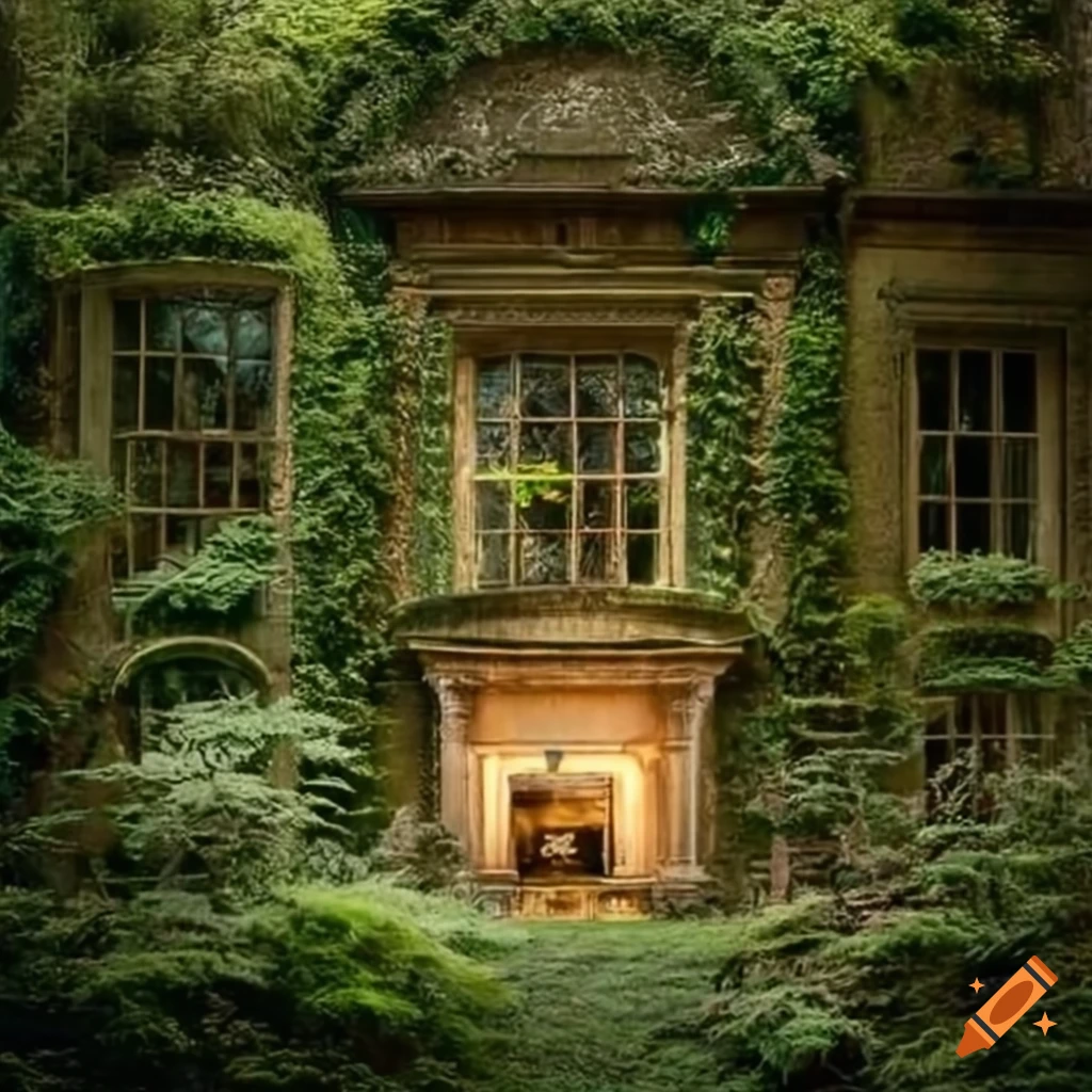 A mansion from early 1800s England in a forest covered in plants and ...