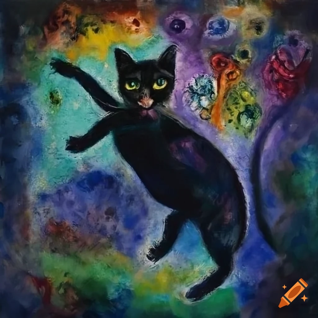 Painting of black kitty dancing, arms extended, toes of paws spread ...