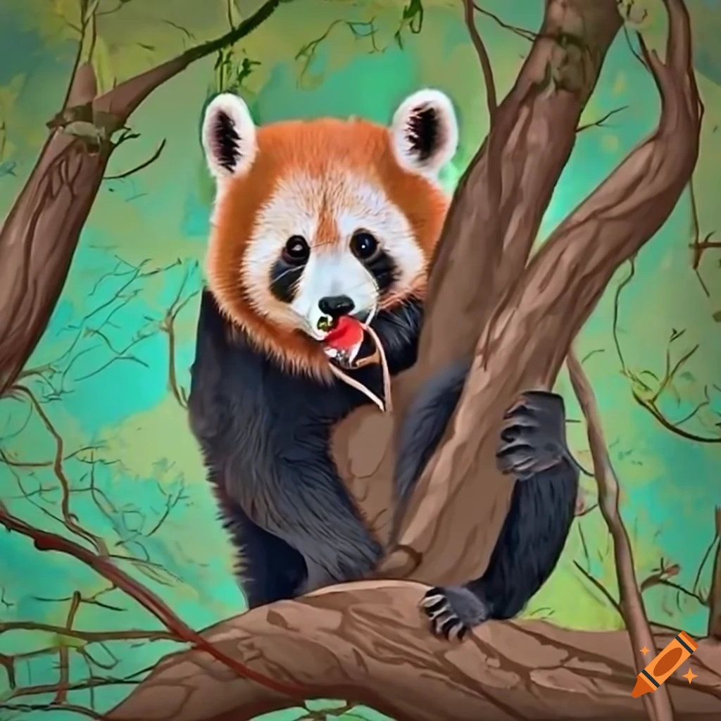Panda eating red fruit in the forest tree on Craiyon