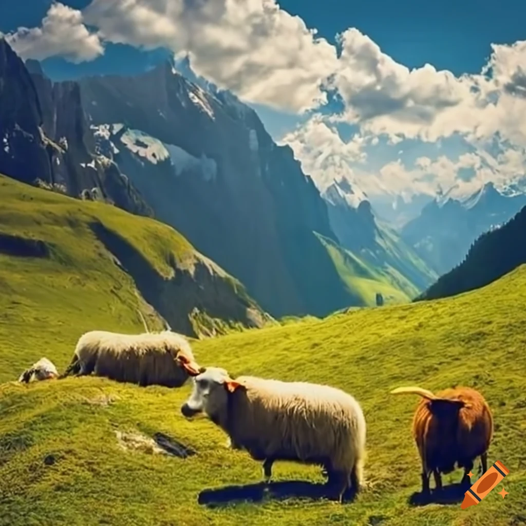 Sheep and cows at the alps on Craiyon