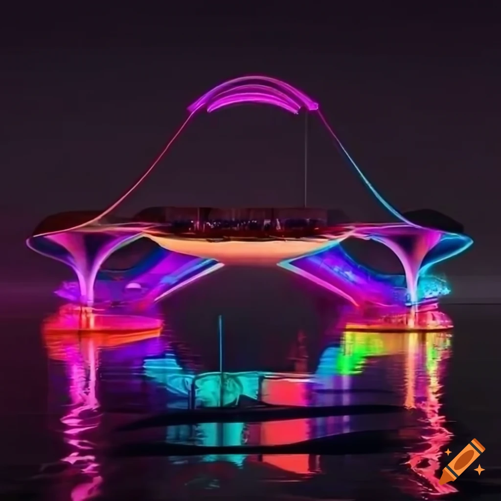 Futuristic platform with colored glass restaurant and hydroponic ...