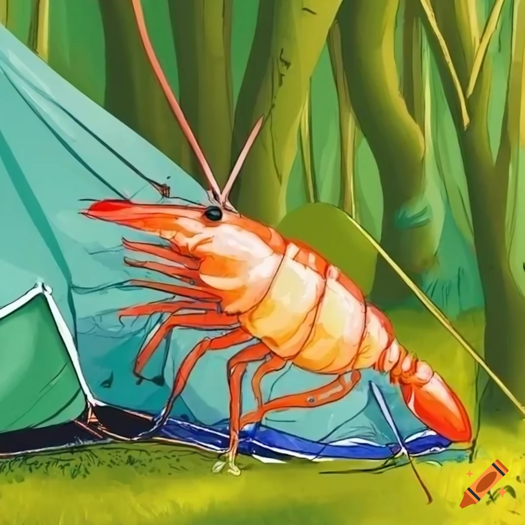 A drawing of a shrimp sitting by a tent in the woods