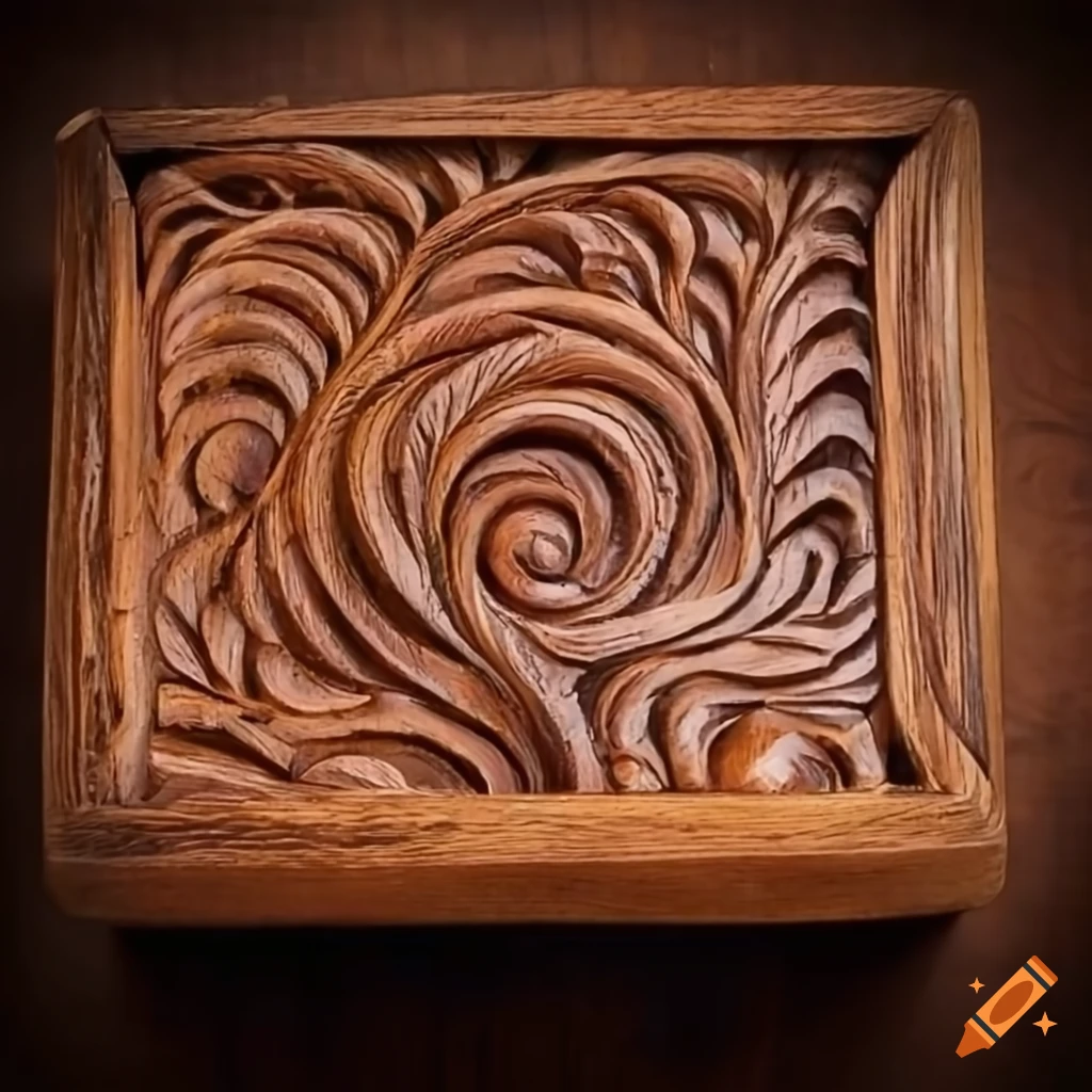 A hand carved wooden box with a one of a kind lid design on Craiyon