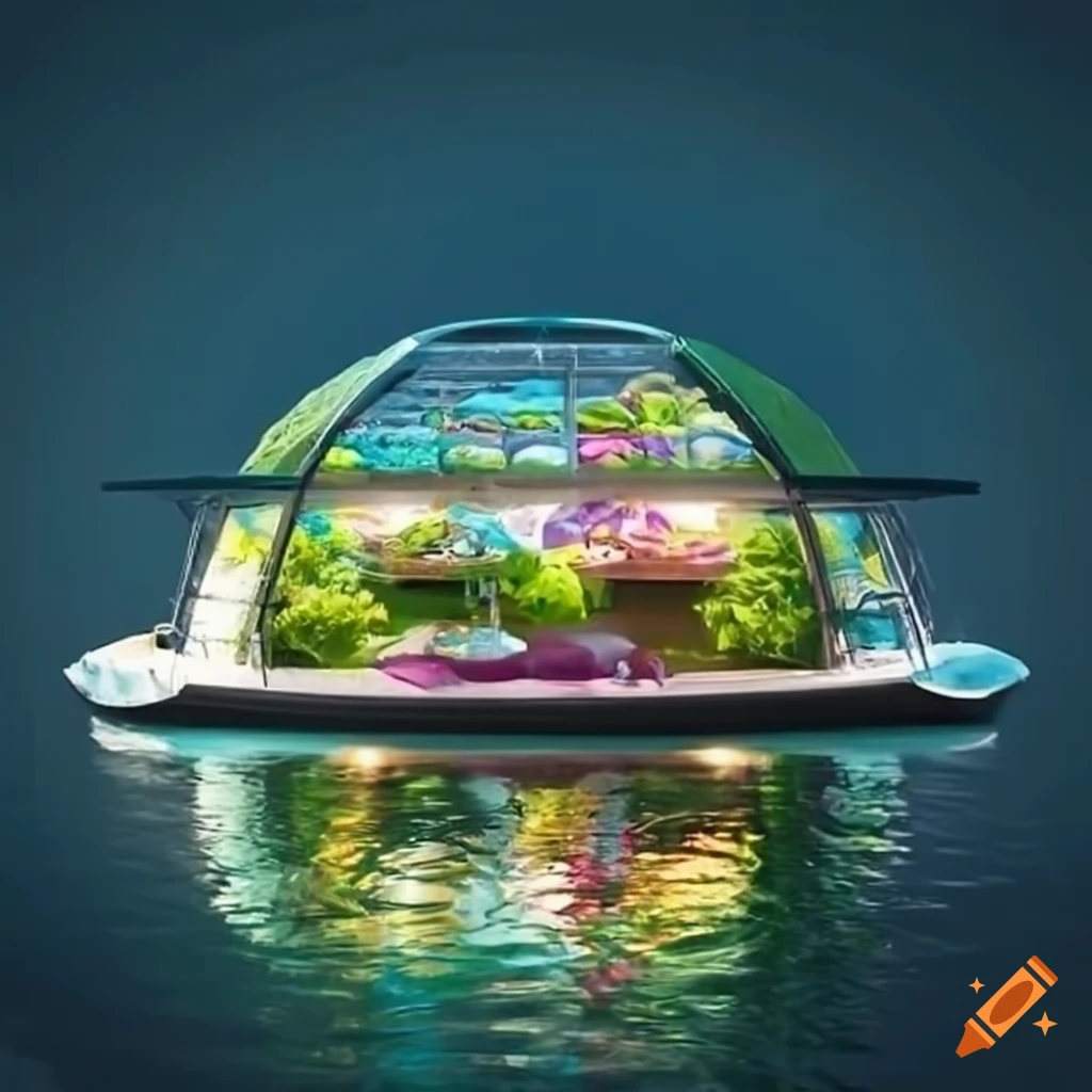 Futuristic floating platform with colored glass food stall and ...
