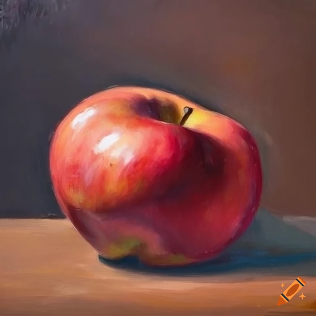 Oil painting of an apple placed in a plate on a brown table