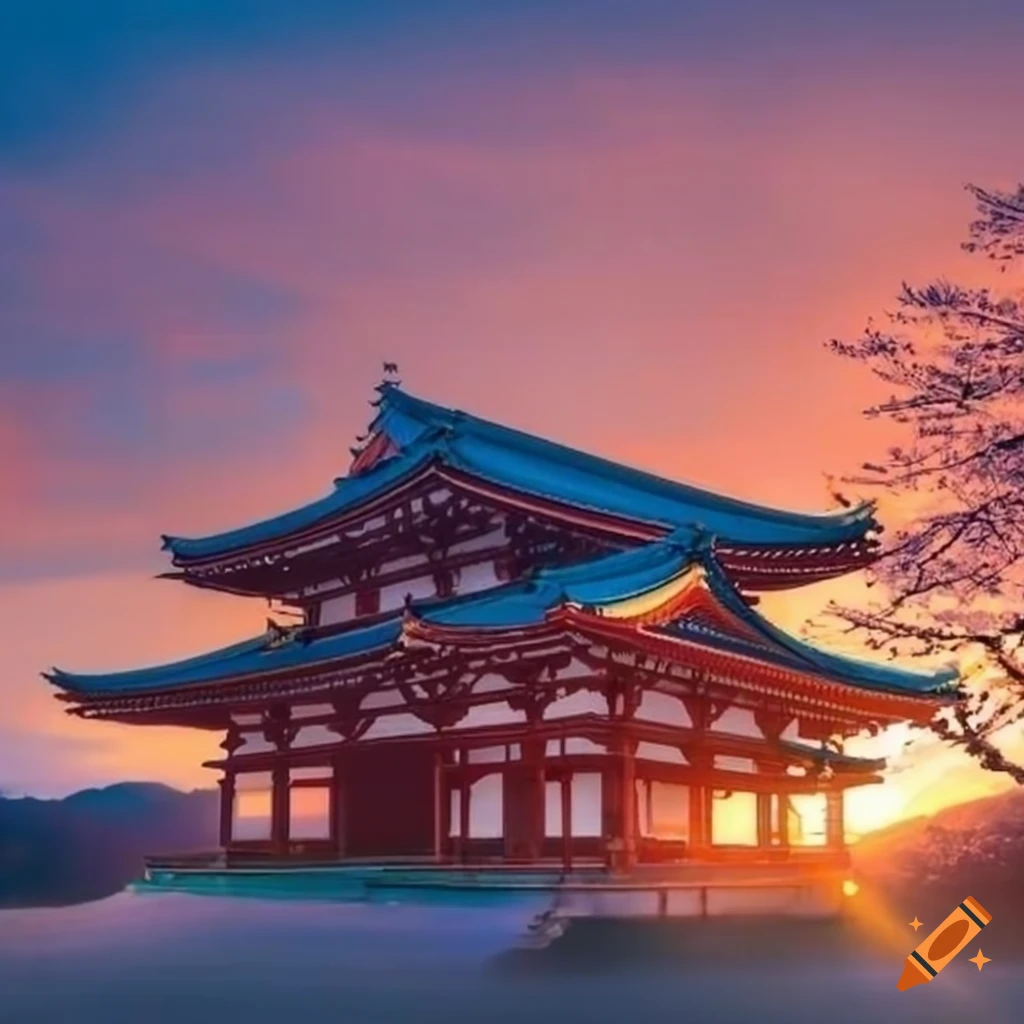 A japanese temple, with a sunset. with cherry blossom trees