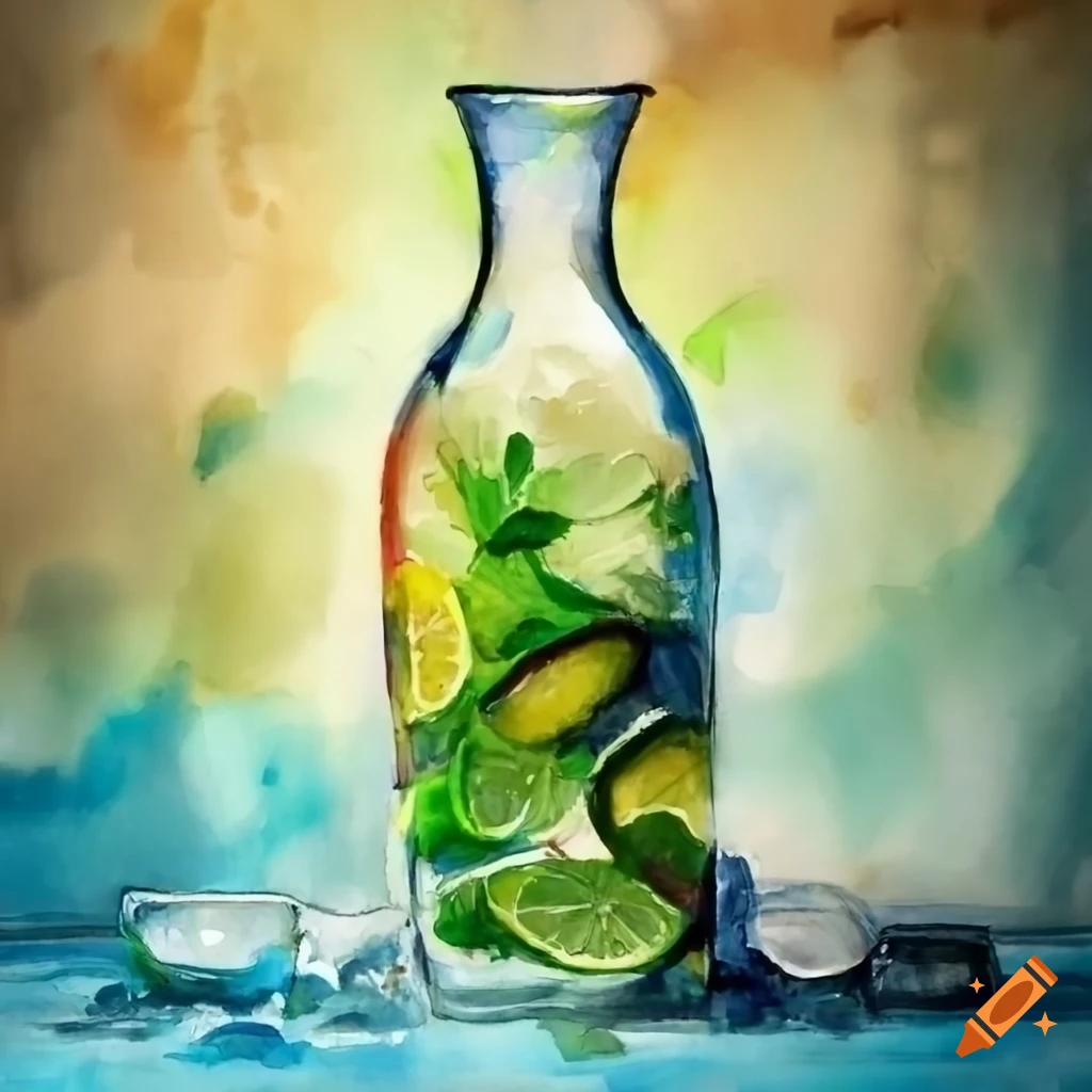 Mojito in a carafe with ice cubes watercolour painting on Craiyon
