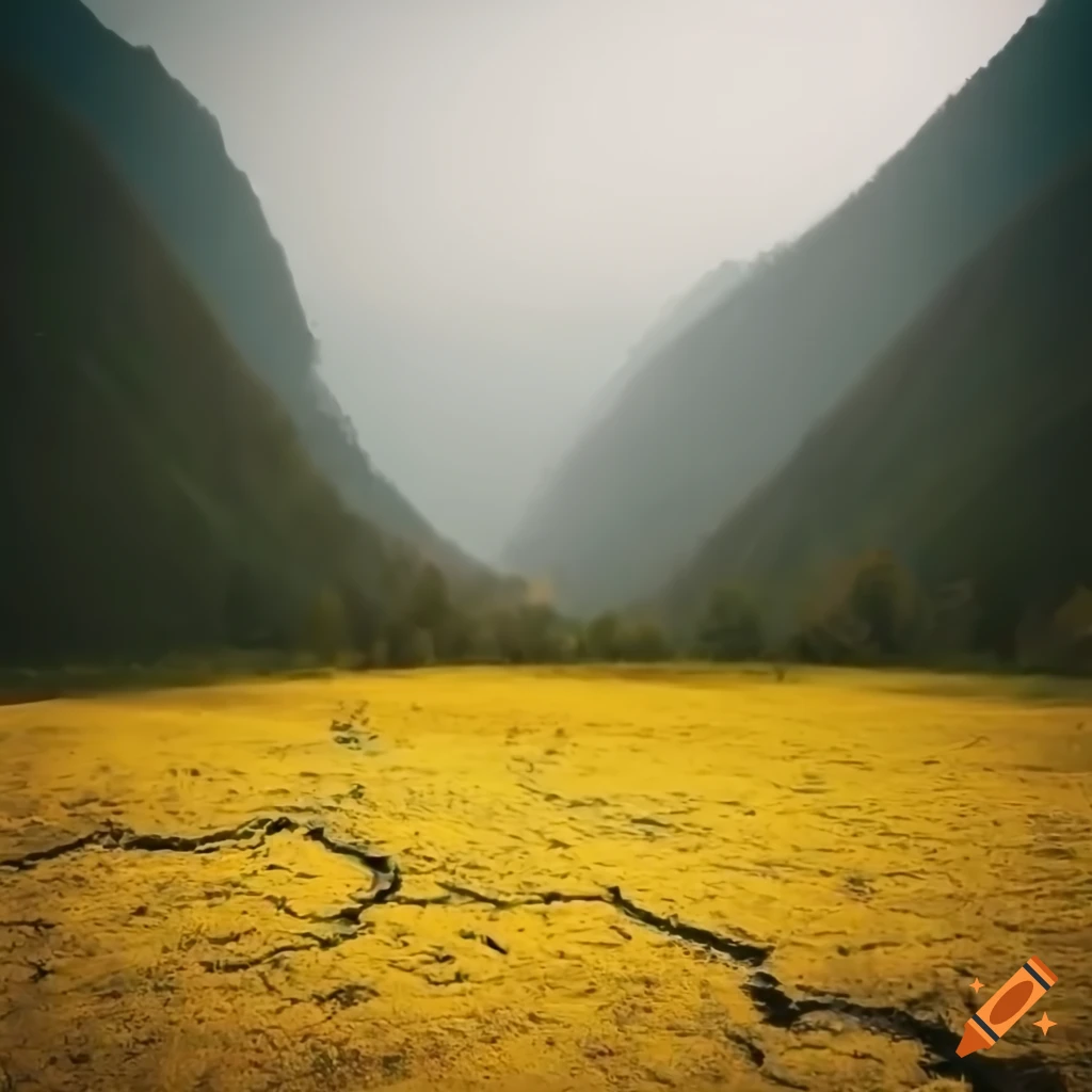 Yellow grass meadow with crack in ground, mountains in background ...