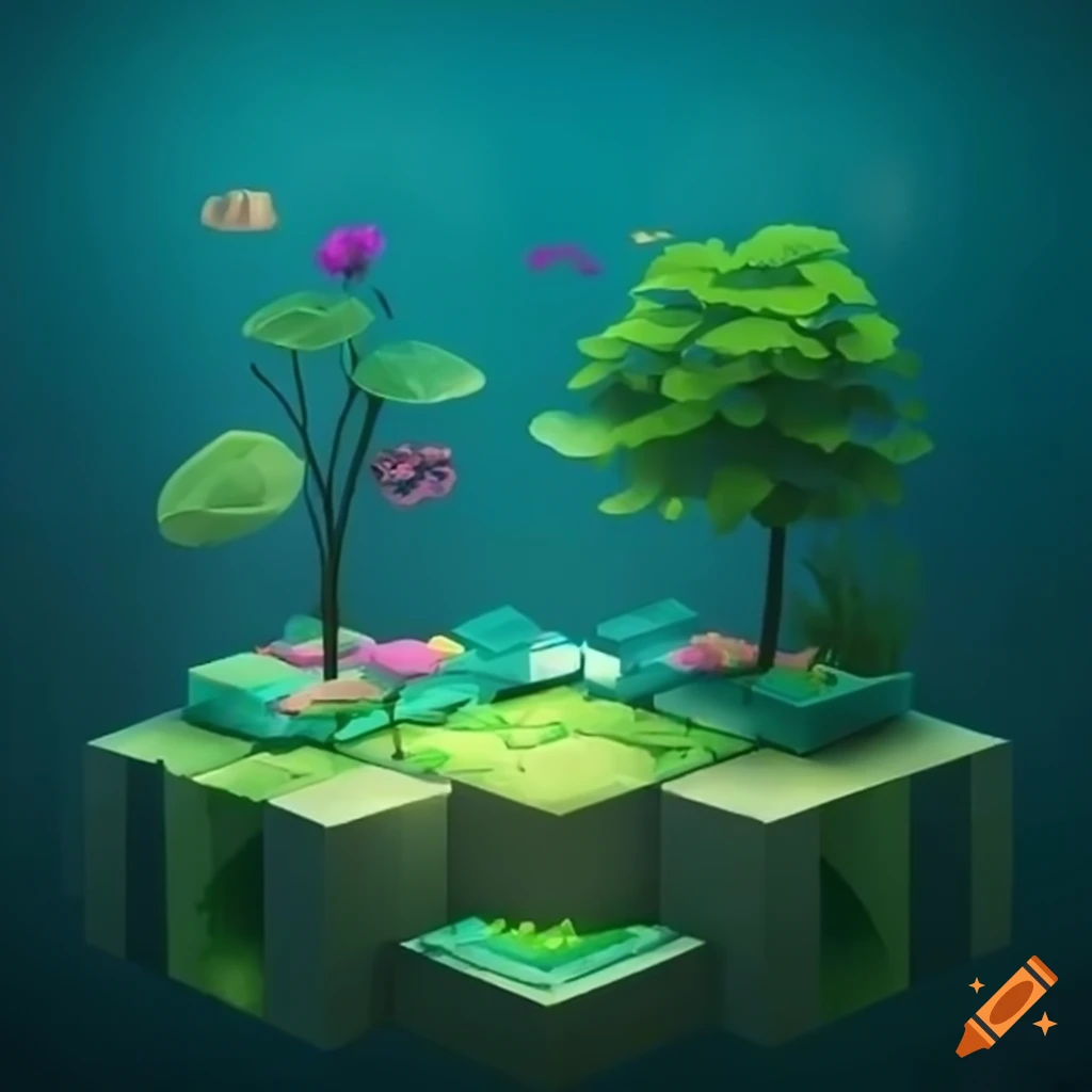A soothing isometric room cube with water garden on Craiyon