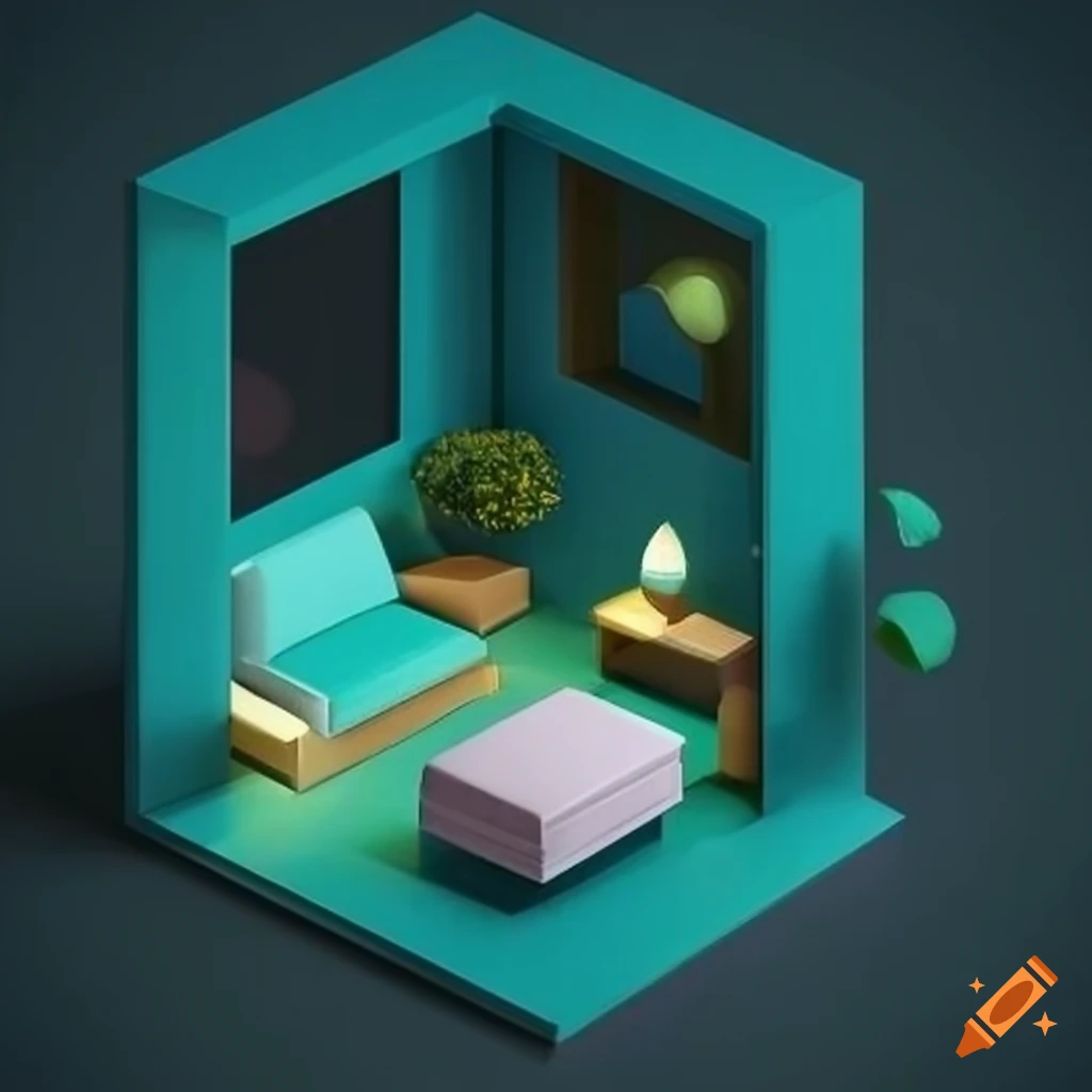 A soothing isometric room cube inspired by hydrangeas on Craiyon