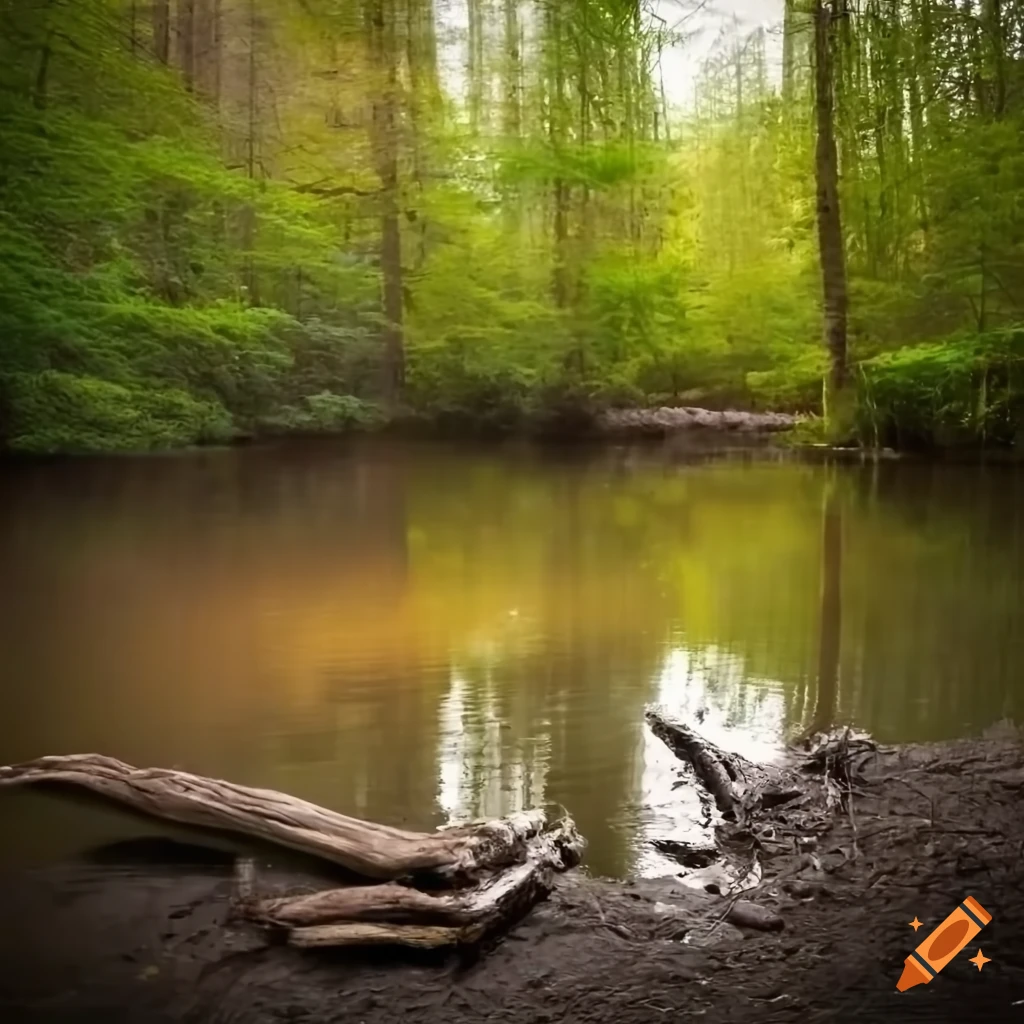 A forest pond with muddy shore with some driftwood, in a light morning