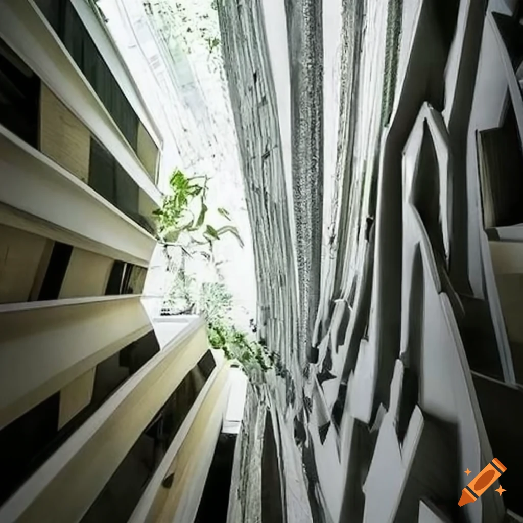 Draw an interior of a tall, modern sustainable building that has a hole ...