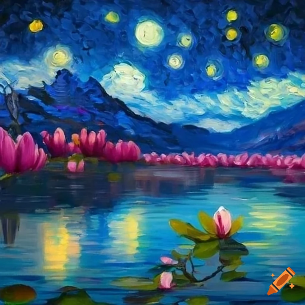A magnolia tree in blossom with pond In lotus flowers, mountains behind ...