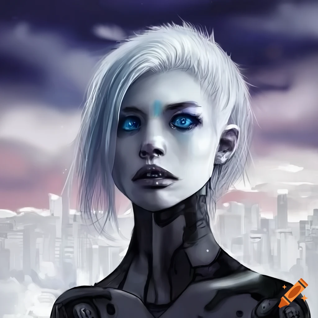 Blue eyes cyborg girl with white hair overlooking cloudy city on Craiyon