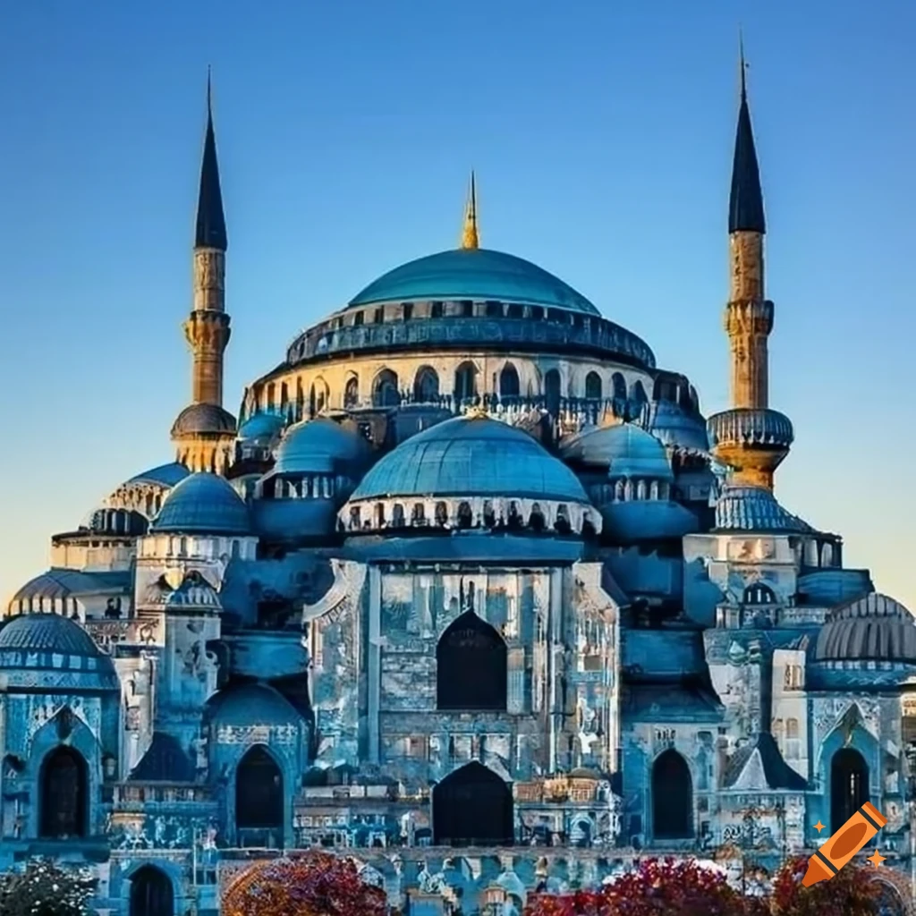 A blue mosque closeup shots ,craiyon, colorful style