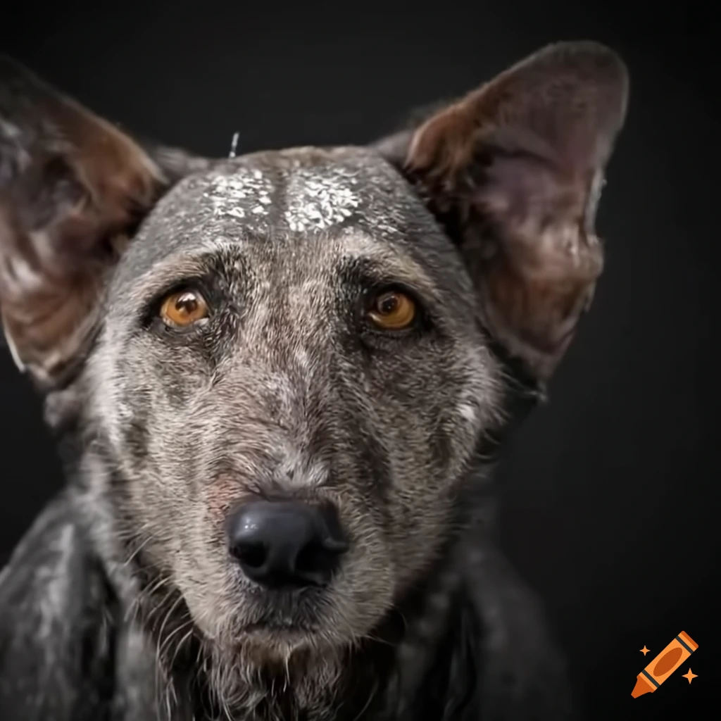 Gray haired brave old dog with drops of water on his face staying under ...