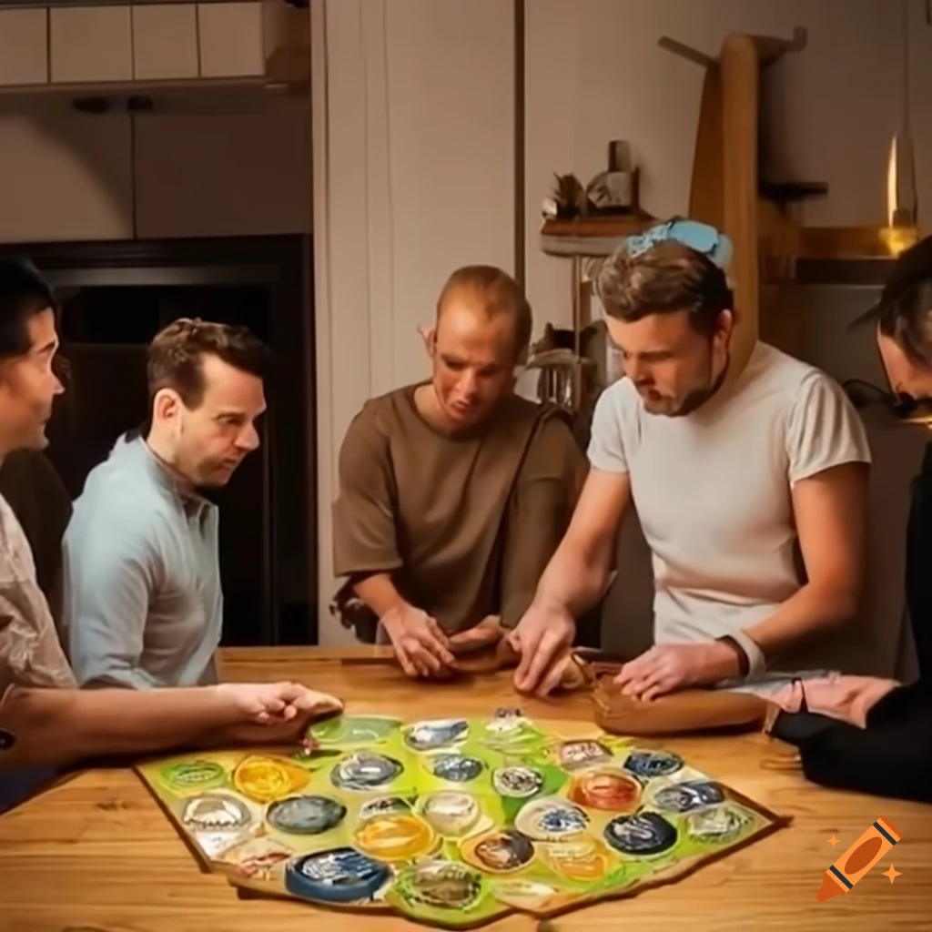 Four men playing catan at a wooden kitchen table on Craiyon