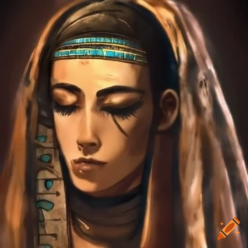 Ancient egyptian mummy bandaged woman eyes closed on Craiyon