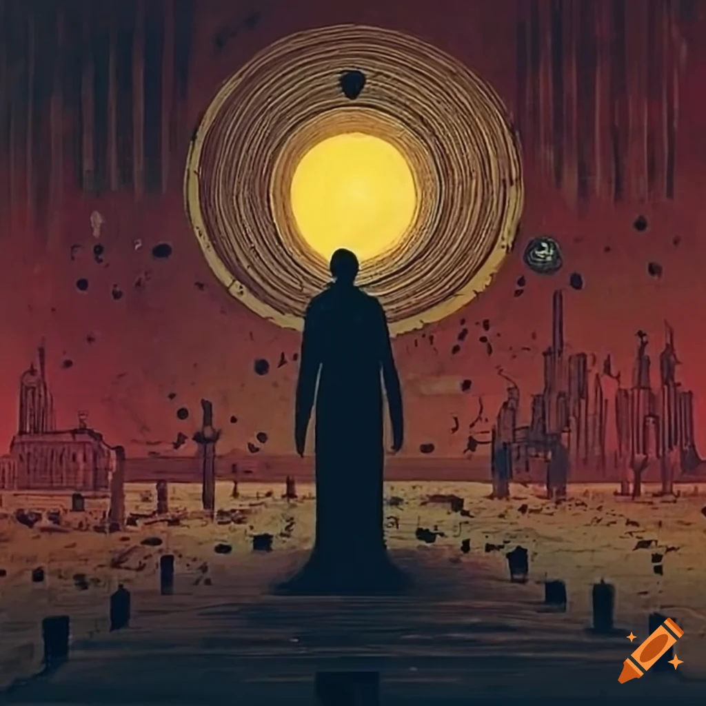 A person's siluette looking up at a spheric skyline, pillars, alien ...