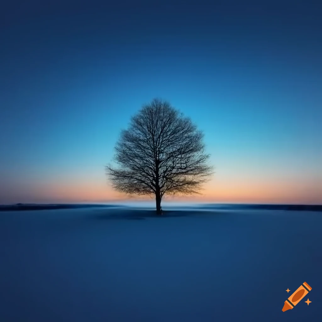 A bright streak of light hitting a tree in a snowy field at night on ...