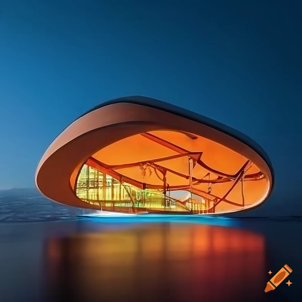 Riverside futuristic cafe made of colored glass, sculptural fabric ...