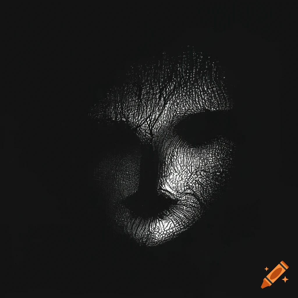 Abstract imaginary shadow vertical eye with tendrils drawn in black ink ...