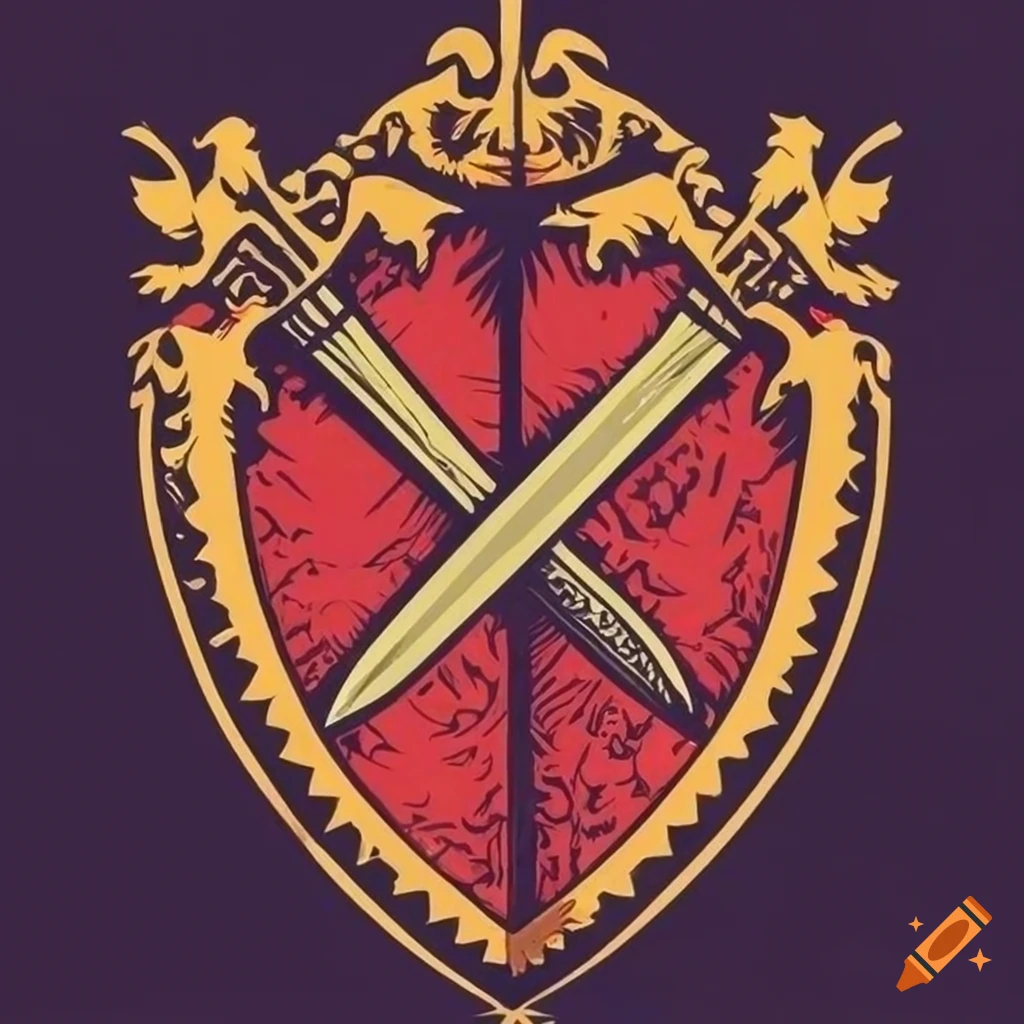 Medieval coat of arms with mace, longsword and shield, woodcut style