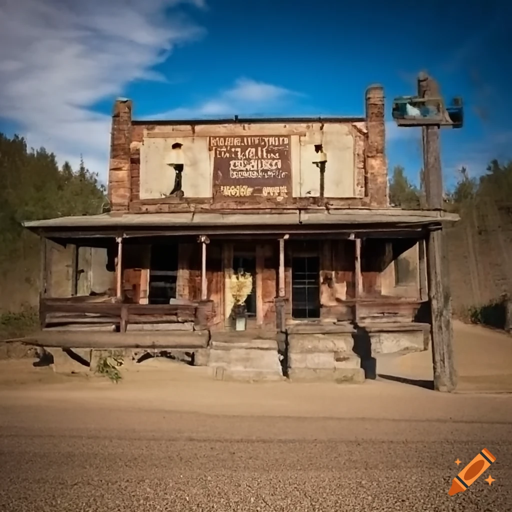 Front view of a western tavern on dirt, gravel road