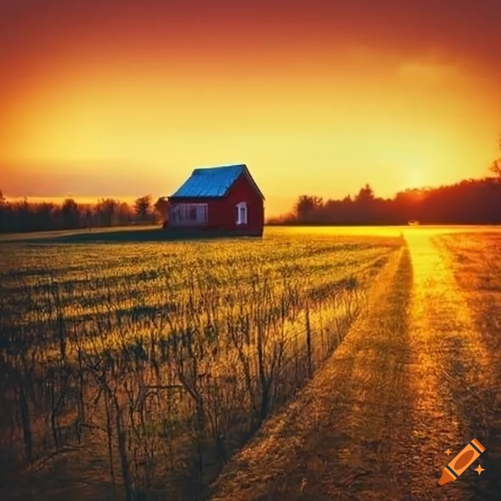A farm at sunset