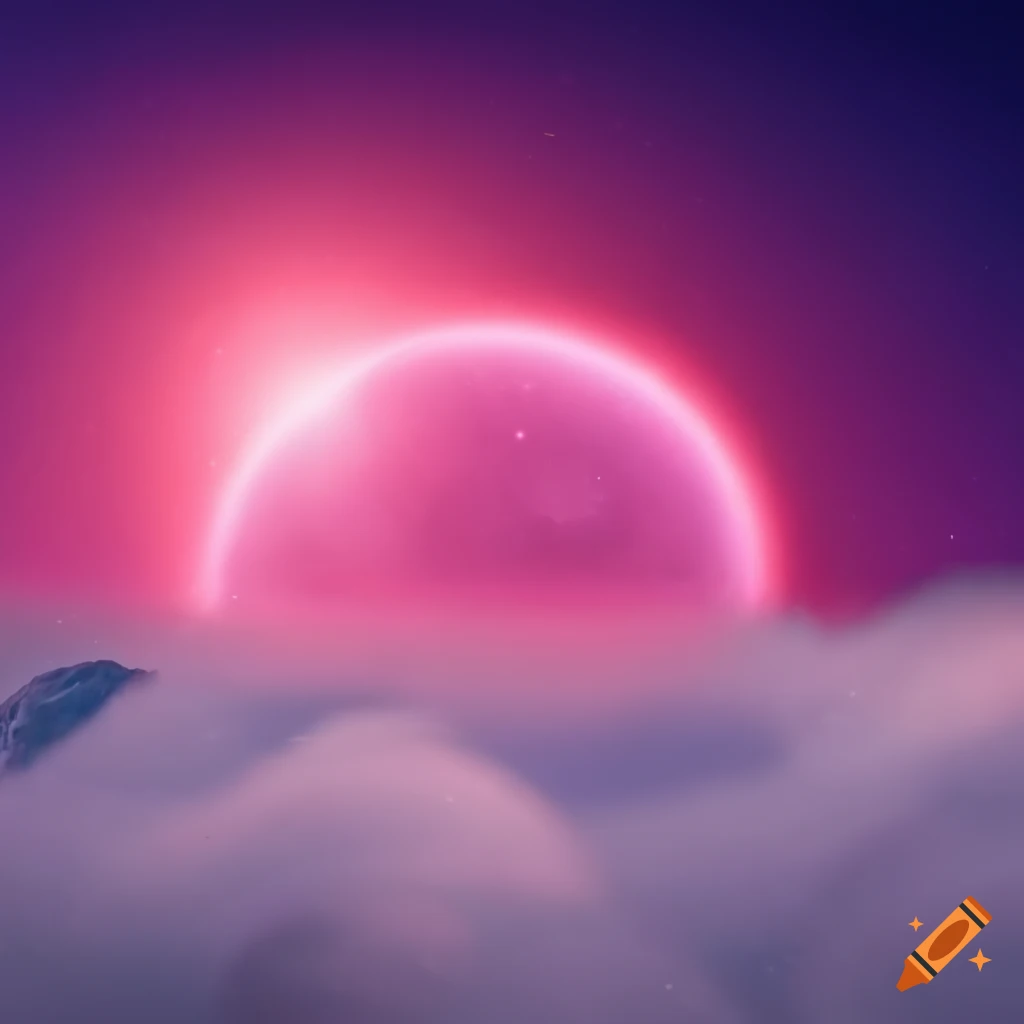 View of a beautiful pink alien planet with mountains and clouds