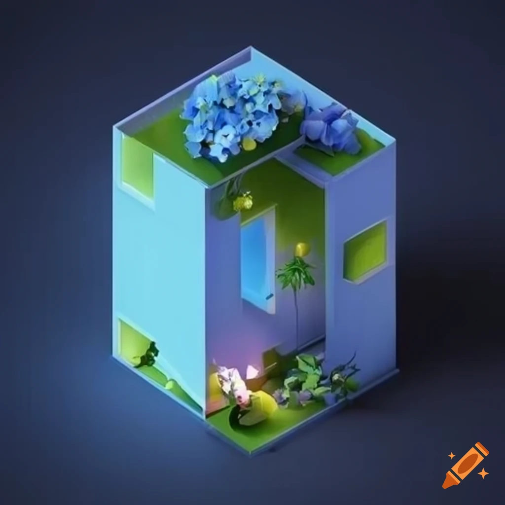 A soothing isometric room cube inspired by hydrangeas