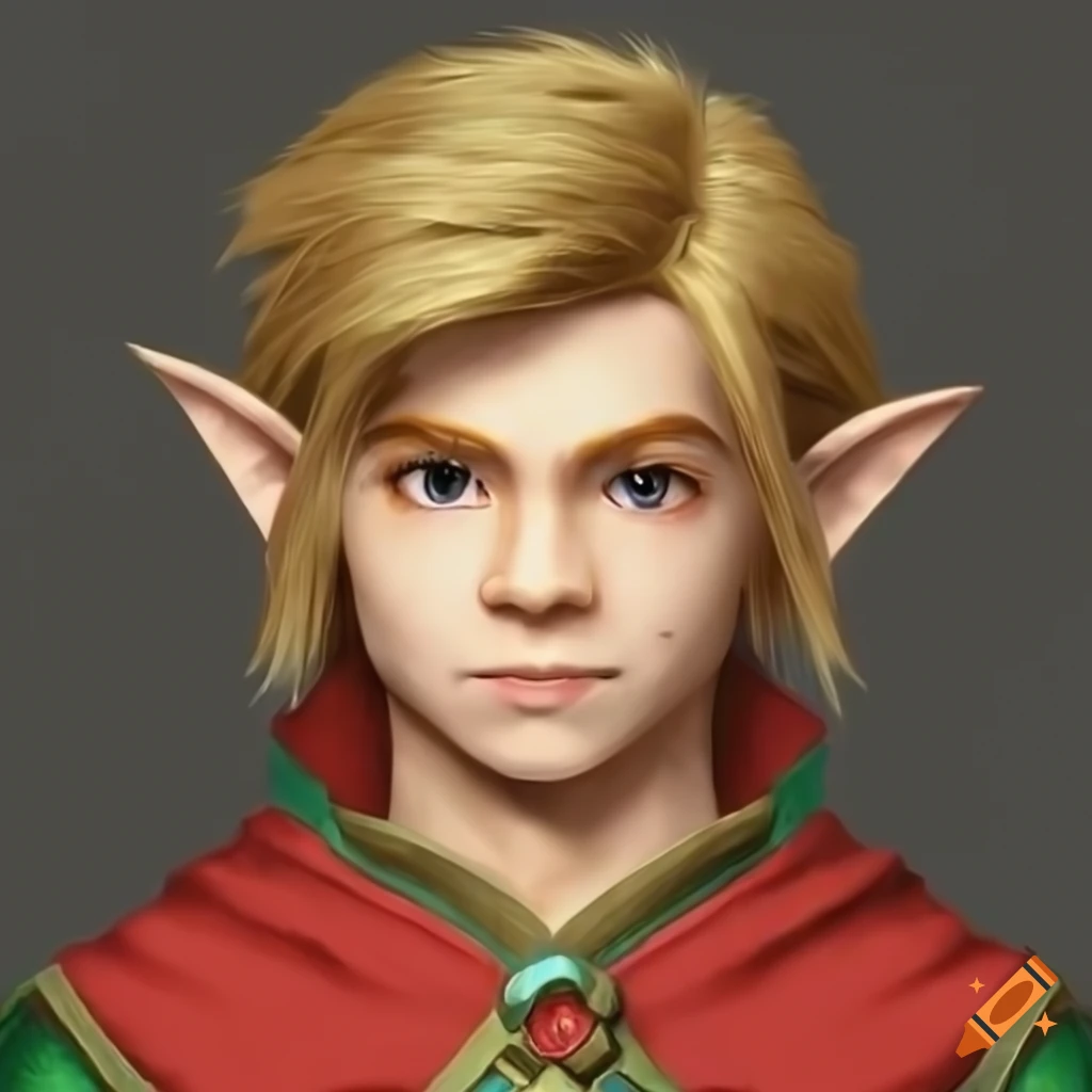 The legend of link kokiri, hyper realistic, red tunic, blond hair on ...