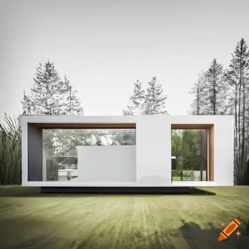 White and gray and wooden minimalist house with landscaping on Craiyon