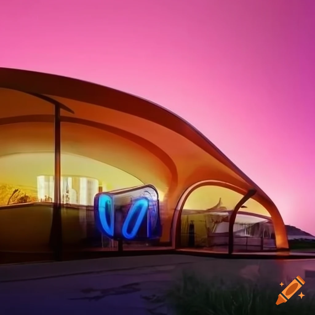 Riverside futuristic cafe made of colored glass, sculptural fabric ...