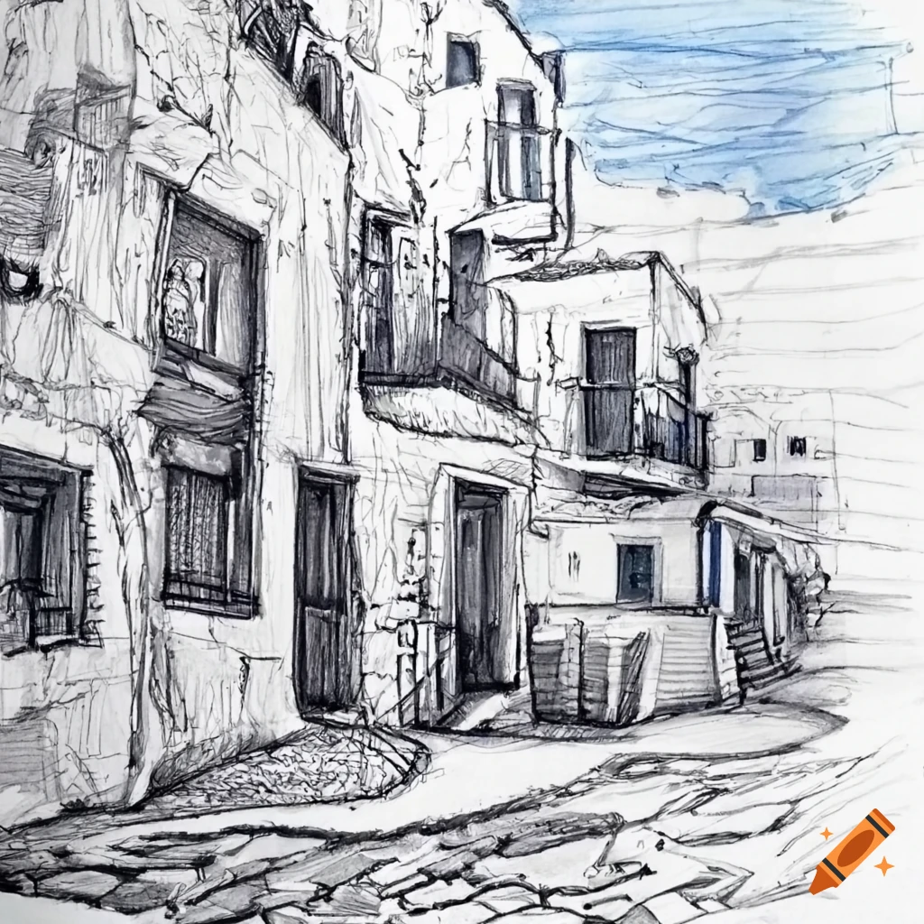 A detailed pencil sketch of mykonos, a greek island