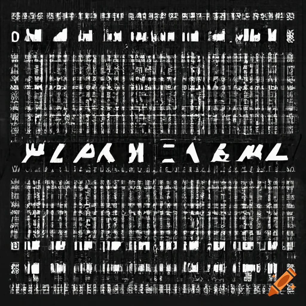 White bar-code-like hieroglyphs code on a black background, sharp ...