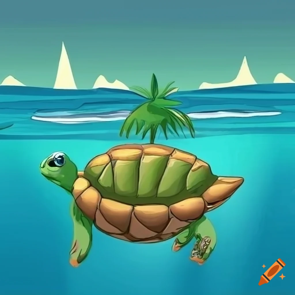 Draw a turtle with a island in his shell on Craiyon
