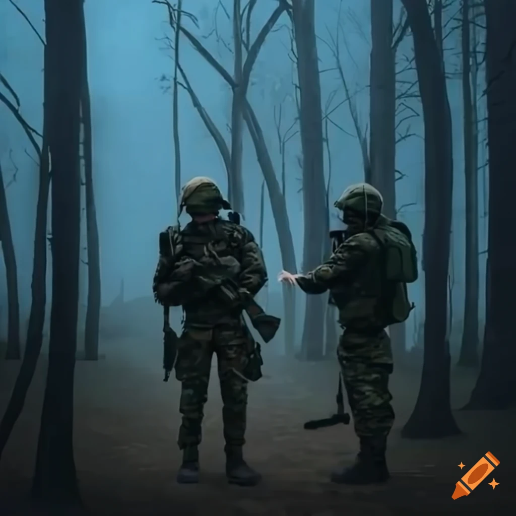 Two soldiers talking to each other while walking in a forest terrain ...