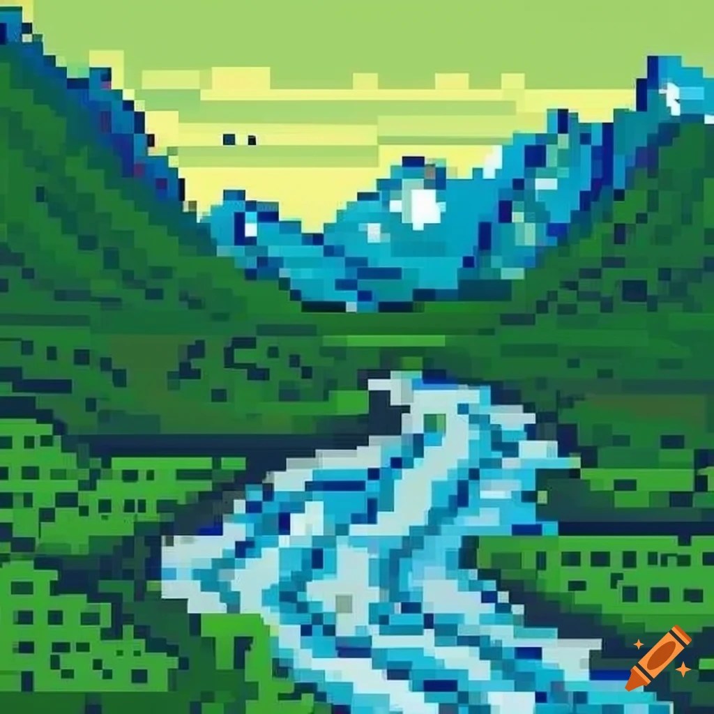Flowing river though green mountains pixel art