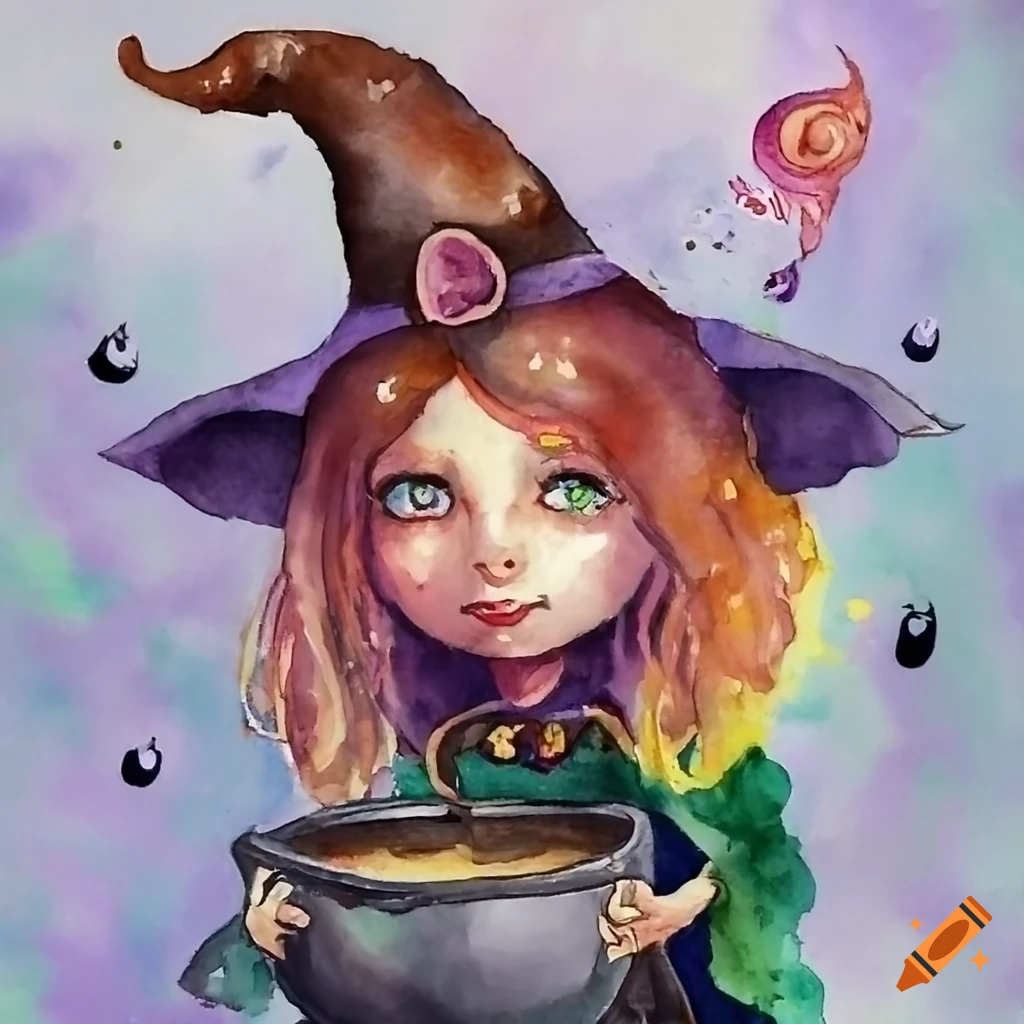 Little sweet witch with cauldron, painting on Craiyon