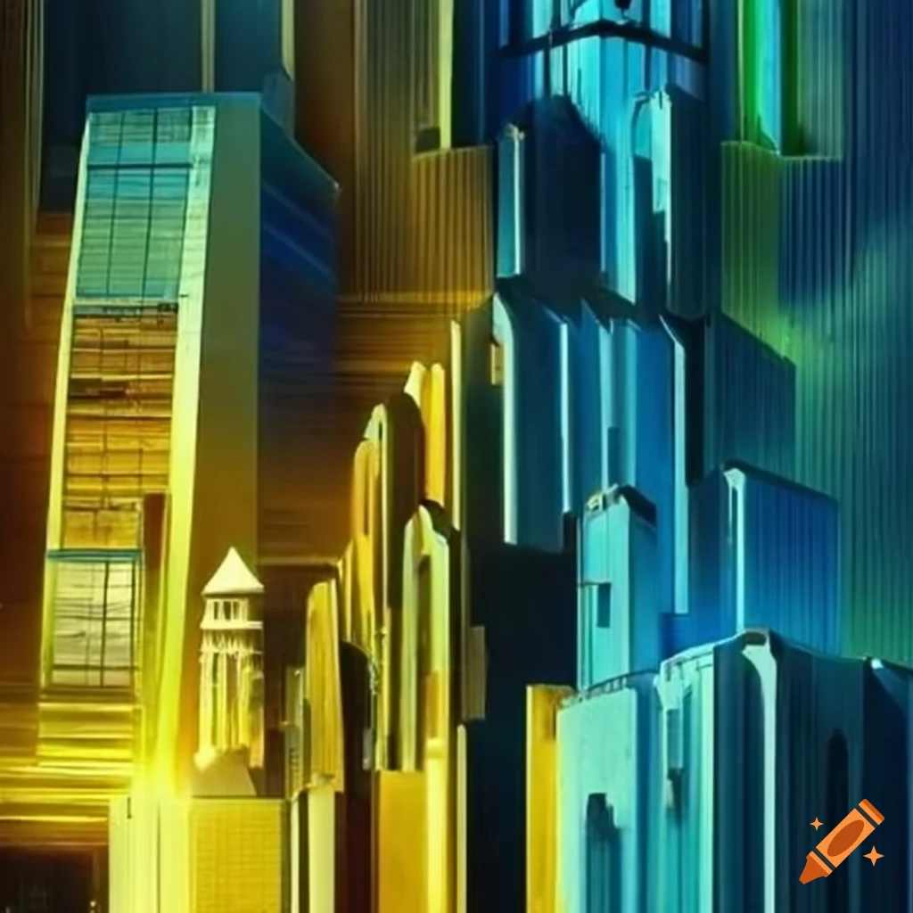 Futurist giant city weird design complex structures yellow strange ...